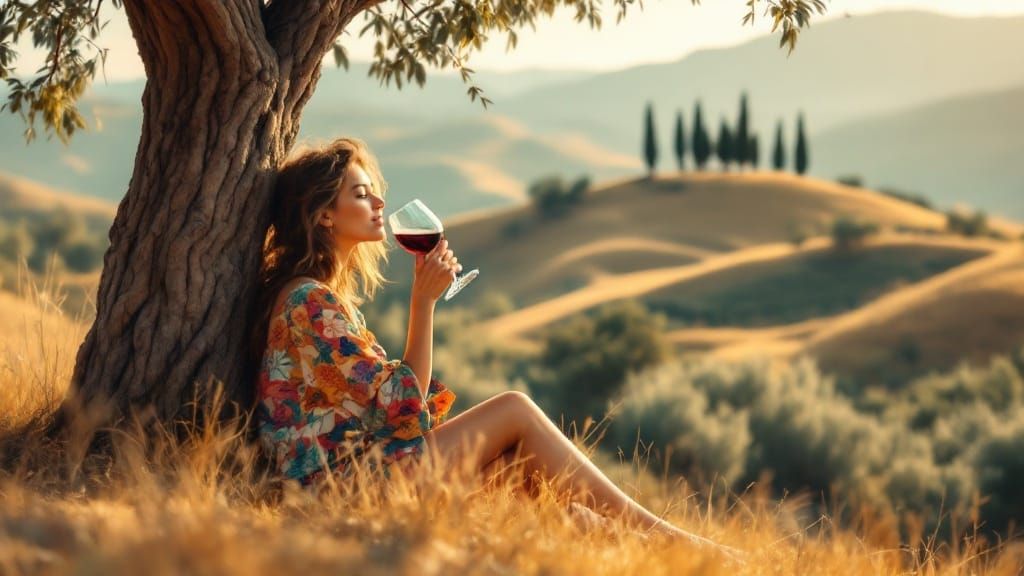 Serene Female Wanderer in Olive Tree Shade - AI Art