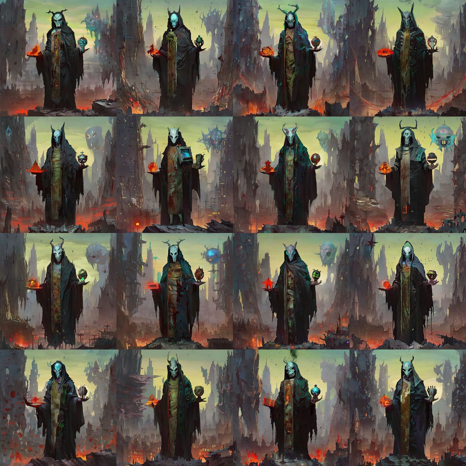 Painting of giant robed demon priest with alien mask holding sacred ...