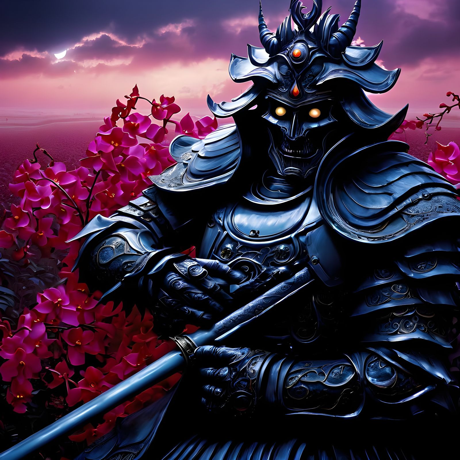 Ancient Samurai Flower Garden - Surreal Portrait of Grotesq...