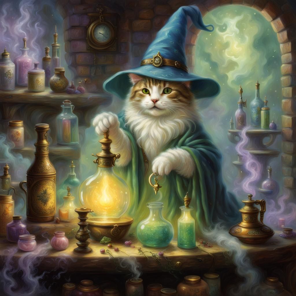 cat wizard brewing potions - AI Generated Artwork - NightCafe Creator