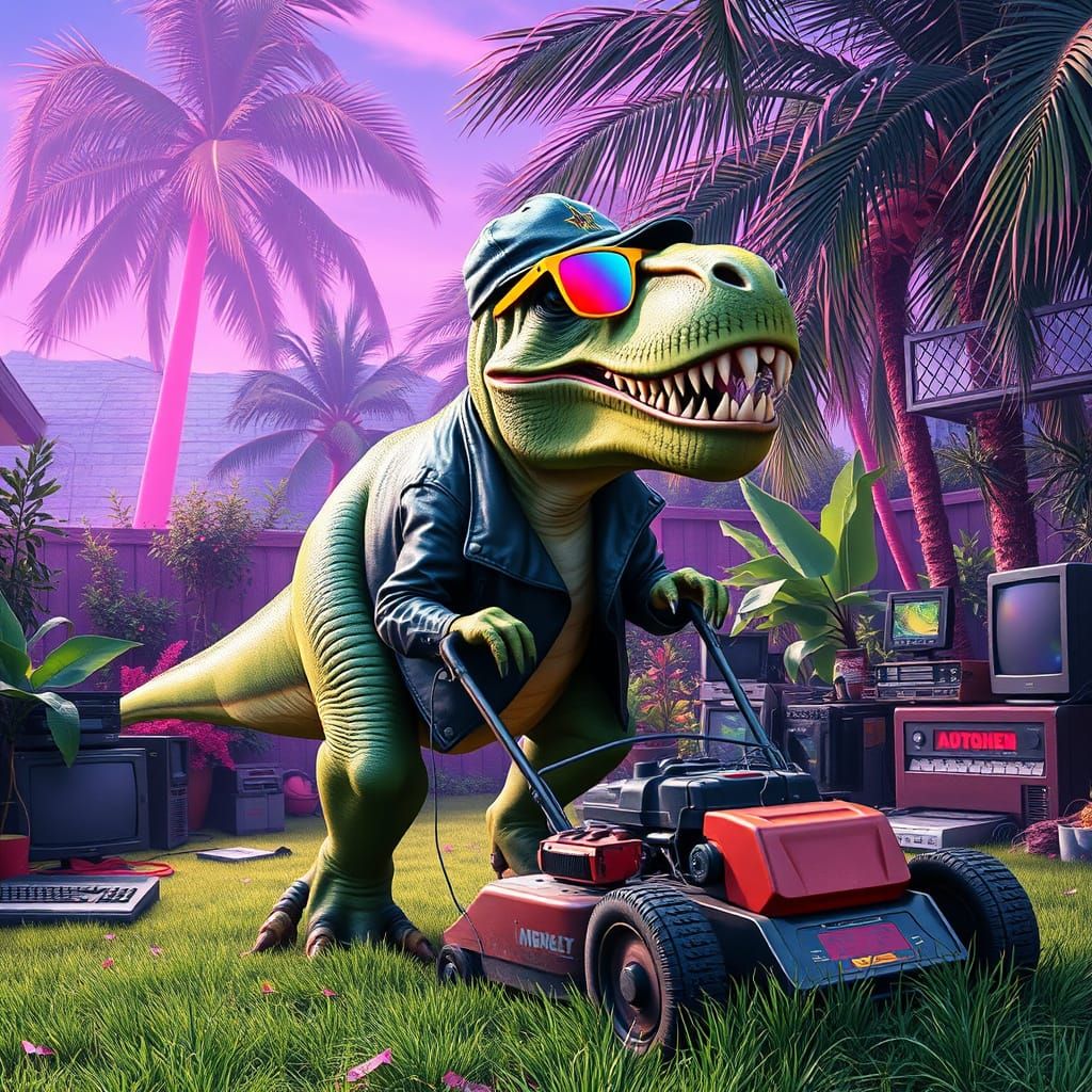 Retro-Futuristic T-Rex Mows the Lawn in a Neon-Lit... - AI Art