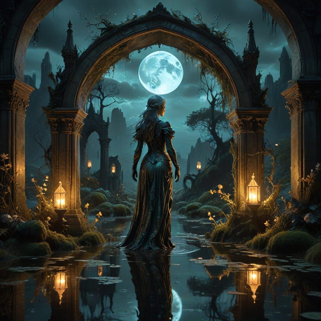 Eclipsed Gardens - Spectral Woman in a Gothic-Fantasy Landsc...