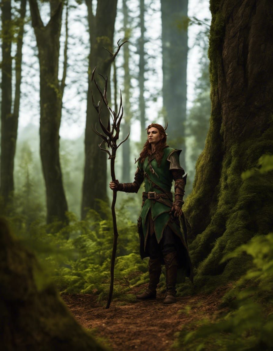 Medium-distance image of sylvan elf standing by a tree. - AI Generated ...
