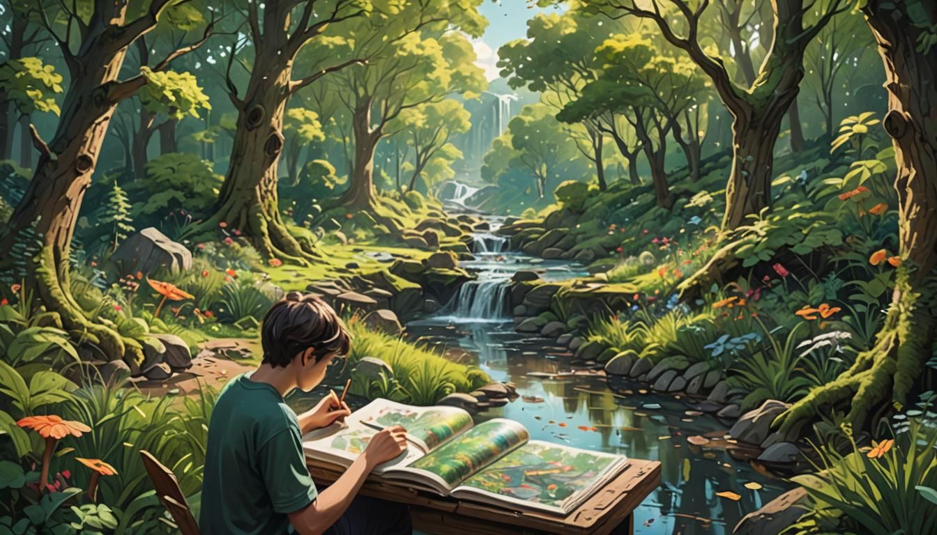 a person is drawing a book with a lot of drawings, beautiful scenes ...