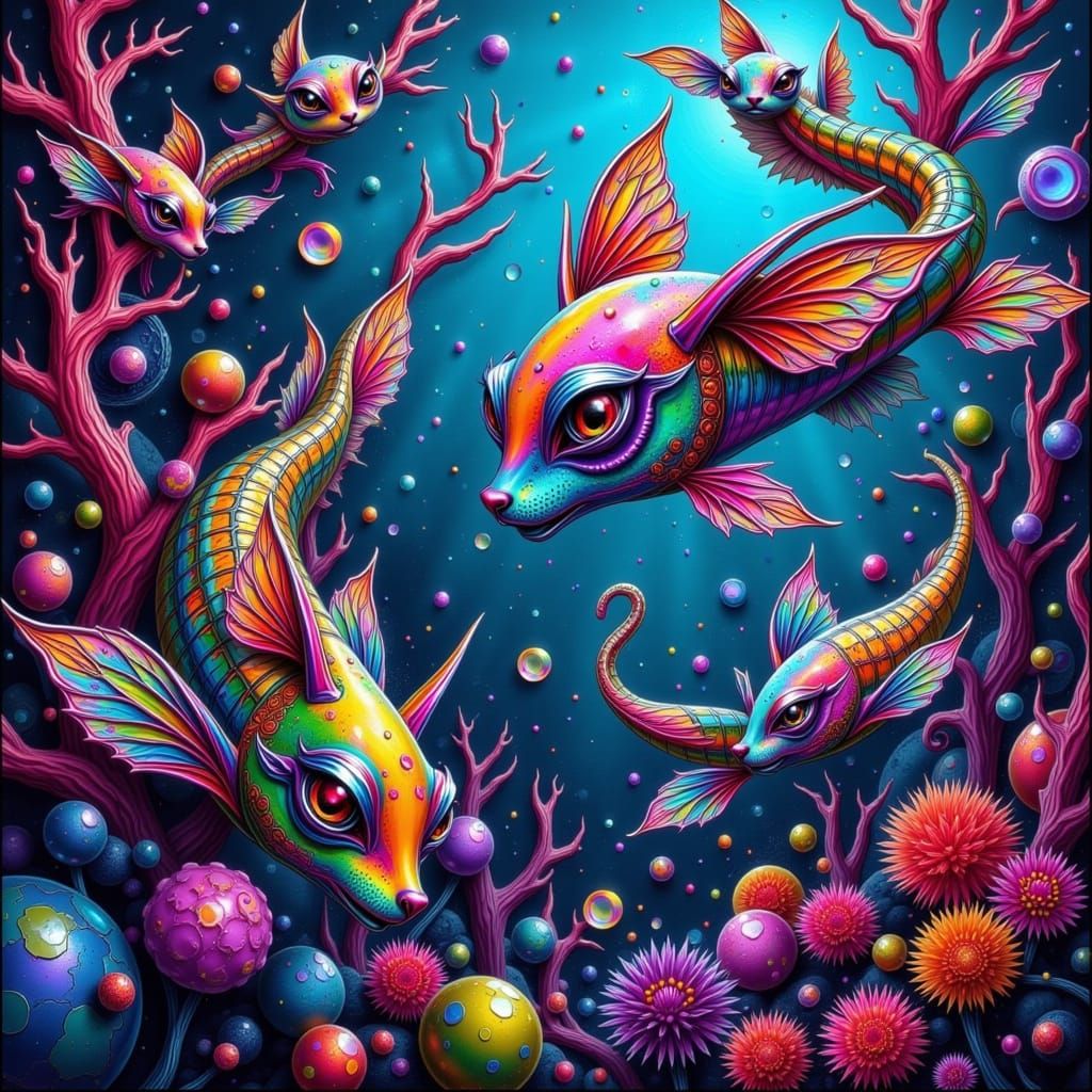 Rainbow Iridescent Fishies in Glass Coral Reef - AI Art