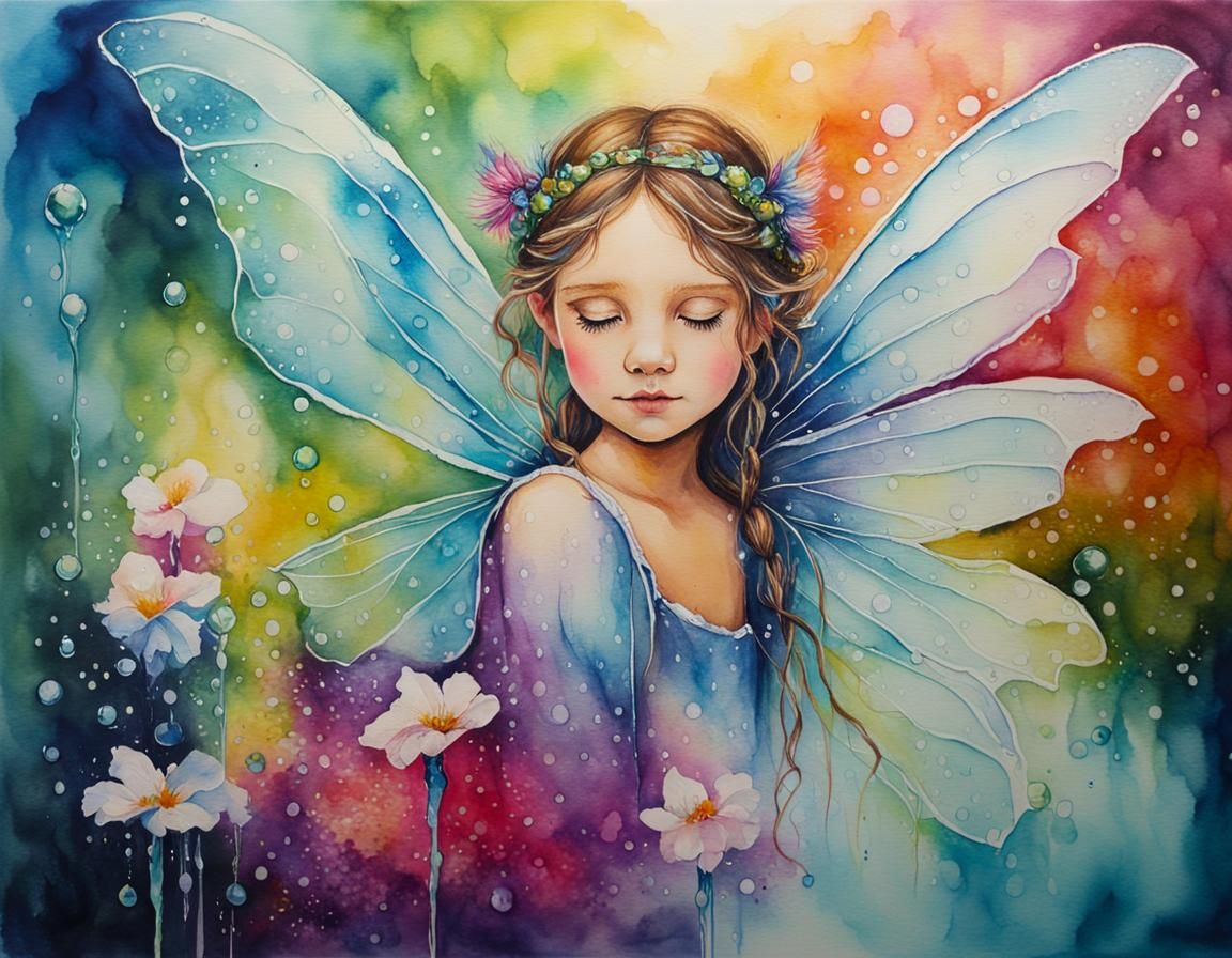 Beautiful fairy, (oil and water) watercolors, fluid acrylics, wet wash ...