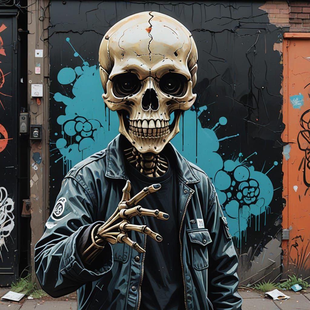 Surreal Cyberpunk Skeleton in Gritty Graffiti Styl... - AI Art