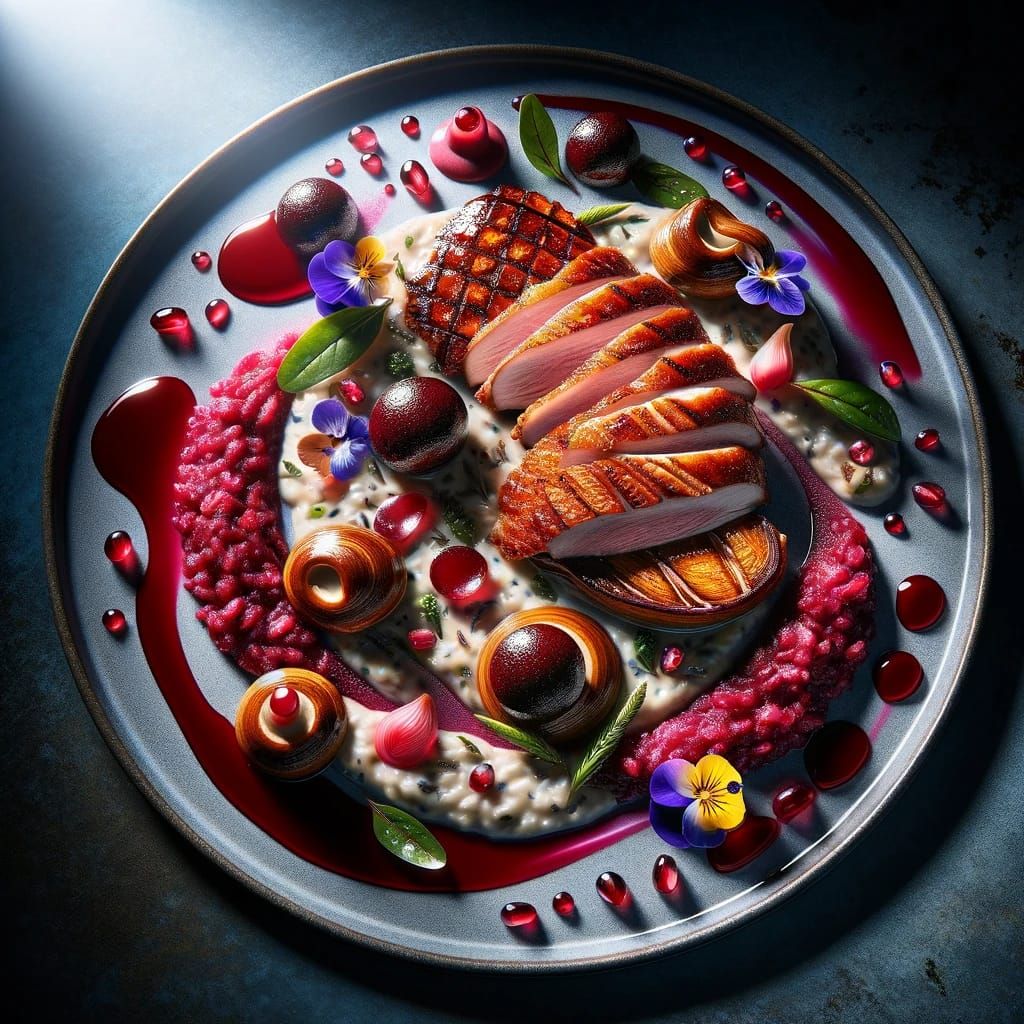 Seared duck breast with a crispy skin, placed over a bed of wild mushroom risotto. - AI ...