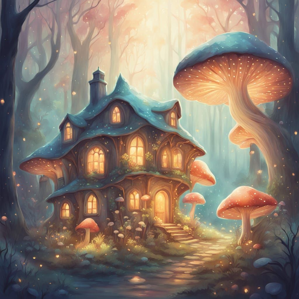 Whimsical Watercolor Fantasy House in Enchanted Fo... - AI Art