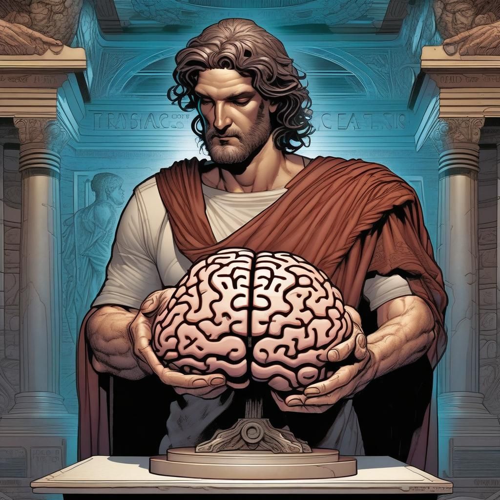 ancient greek man holding a model of a brain, Mark Brooks and Dan ...