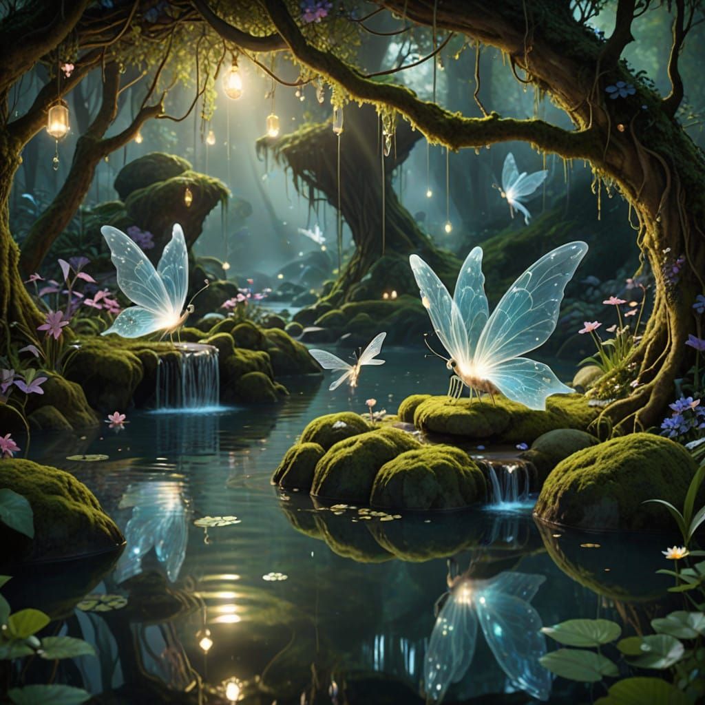 "Create an enchanting fairy grotto nestled in an ancient forest. The ...