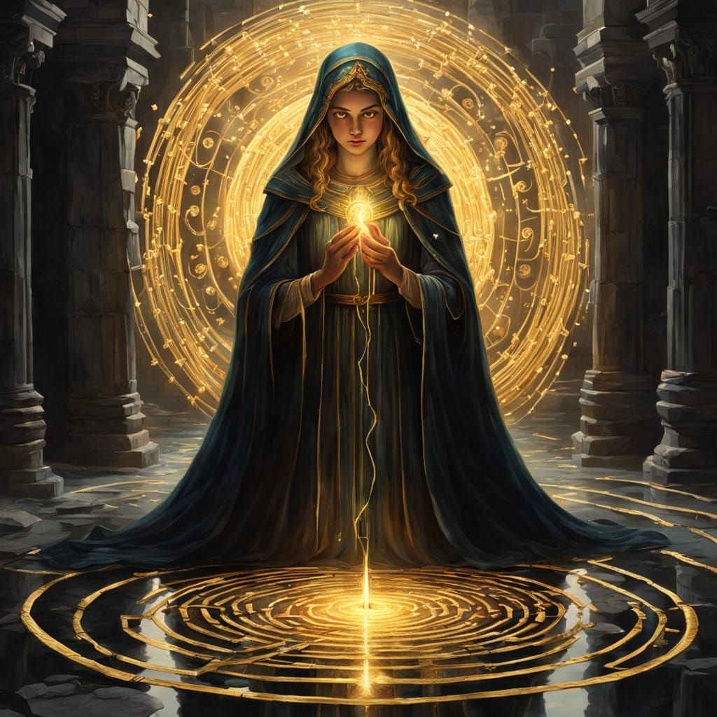 Mysterious Golden Labyrinth Illuminated by Radiant... - AI Art