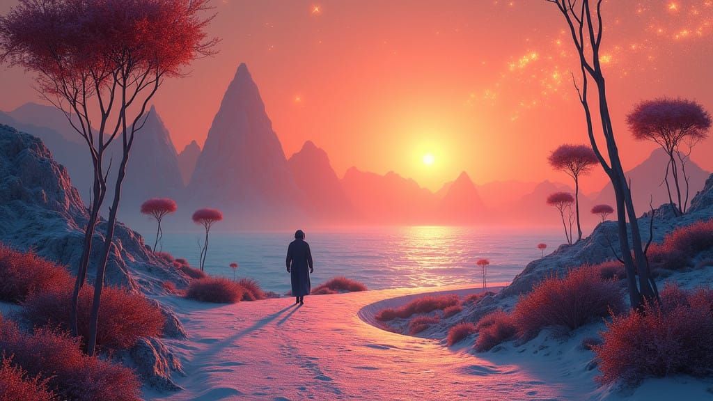 Cosmic Odyssey: A Winding Path to the Crimson Sea - AI Art