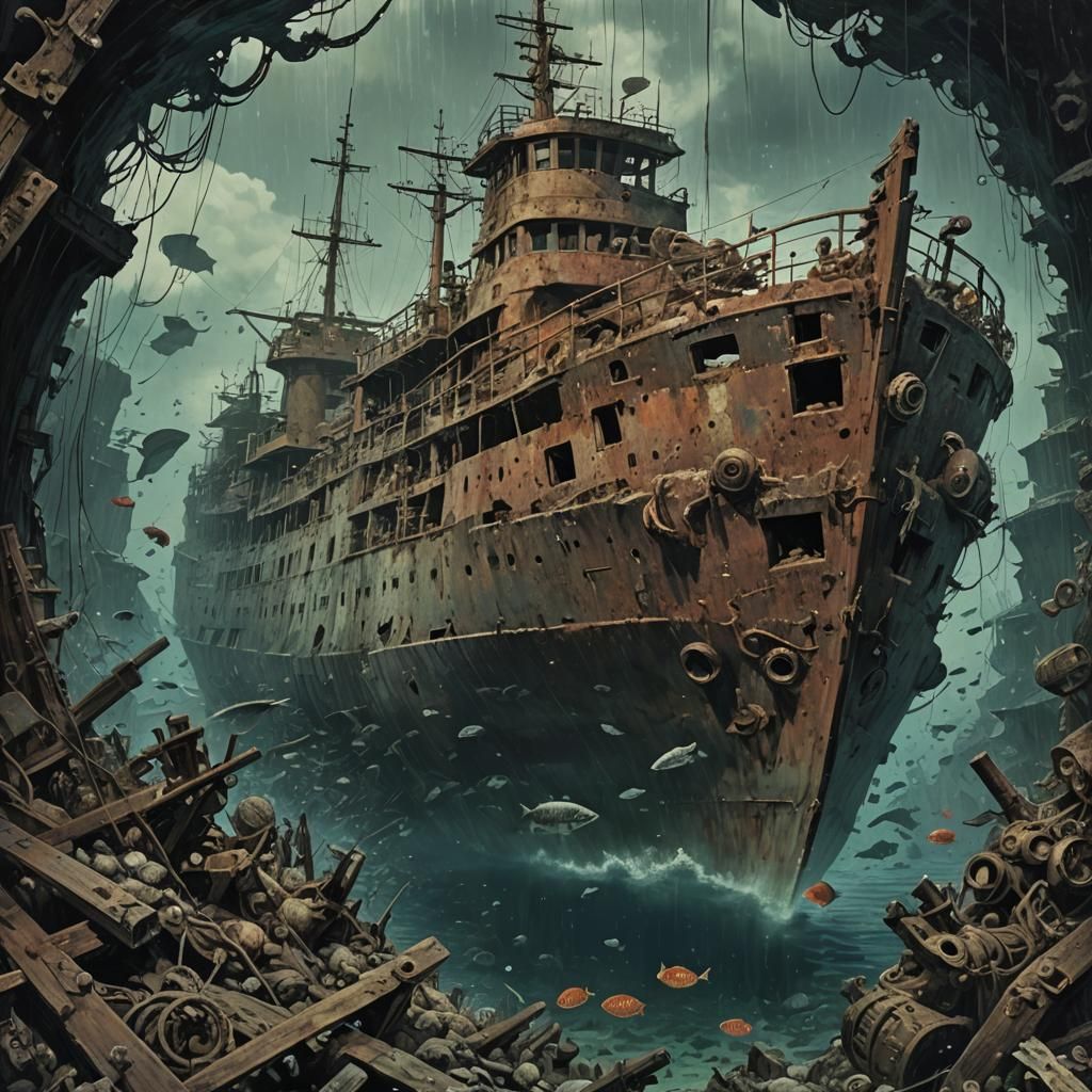 16k resolution, Taisho era submerged underwater shipwreck crime noir ...