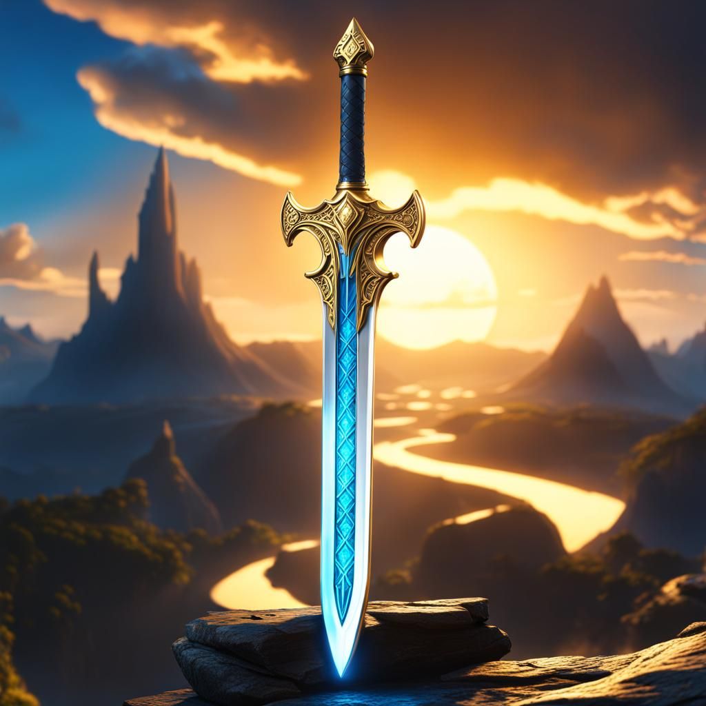 Glowing gold sword with bright blue sky in the background with blue ...