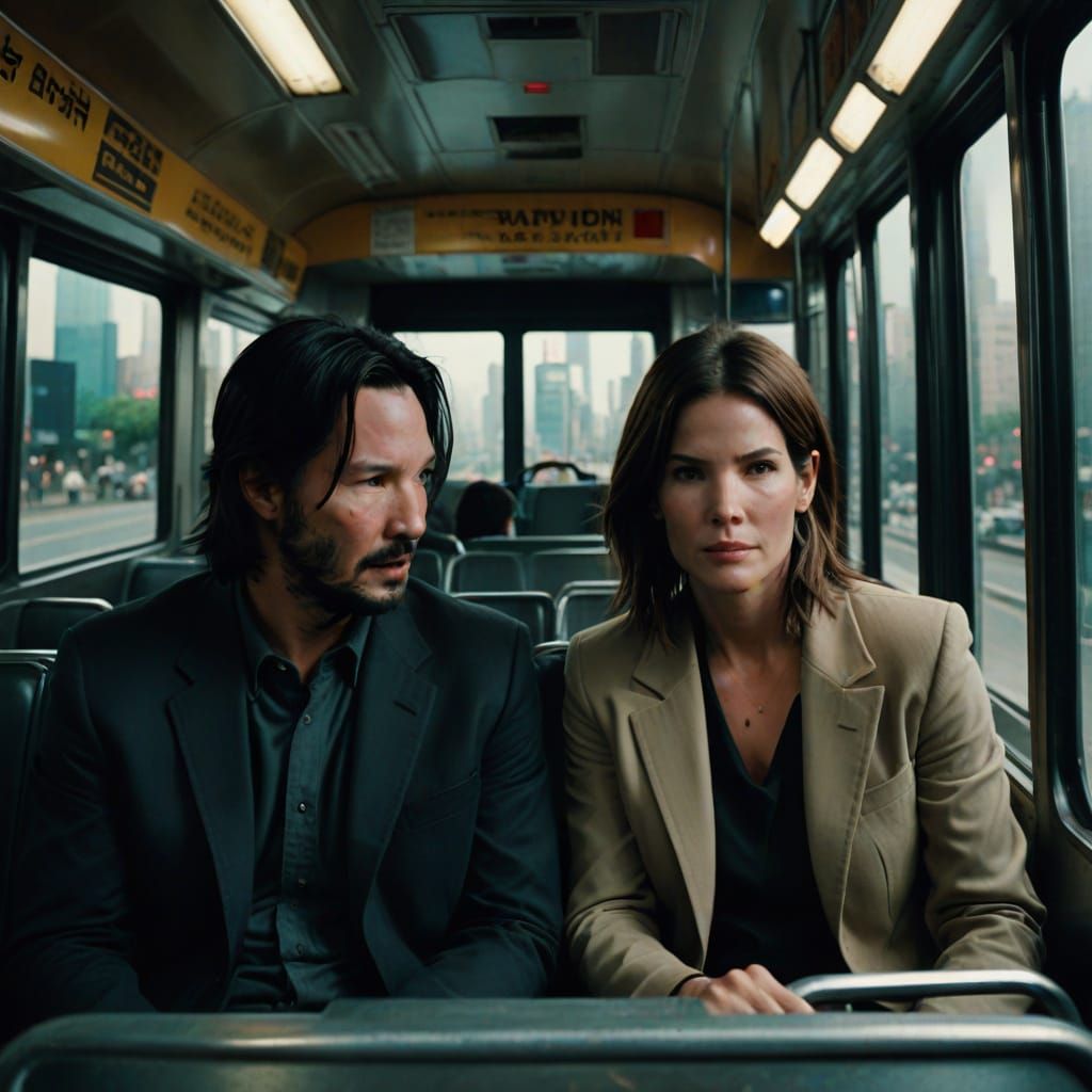 Keanu Reeves and Sandra Bullock on a city bus in Speed