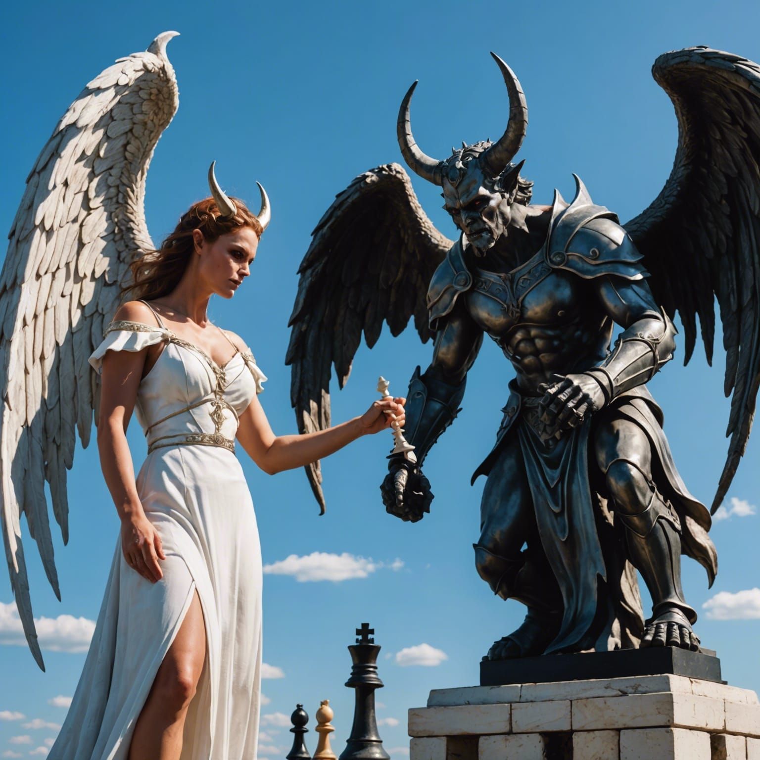 Angel with horns and angry looking demon with white bat wings. Sunny ...