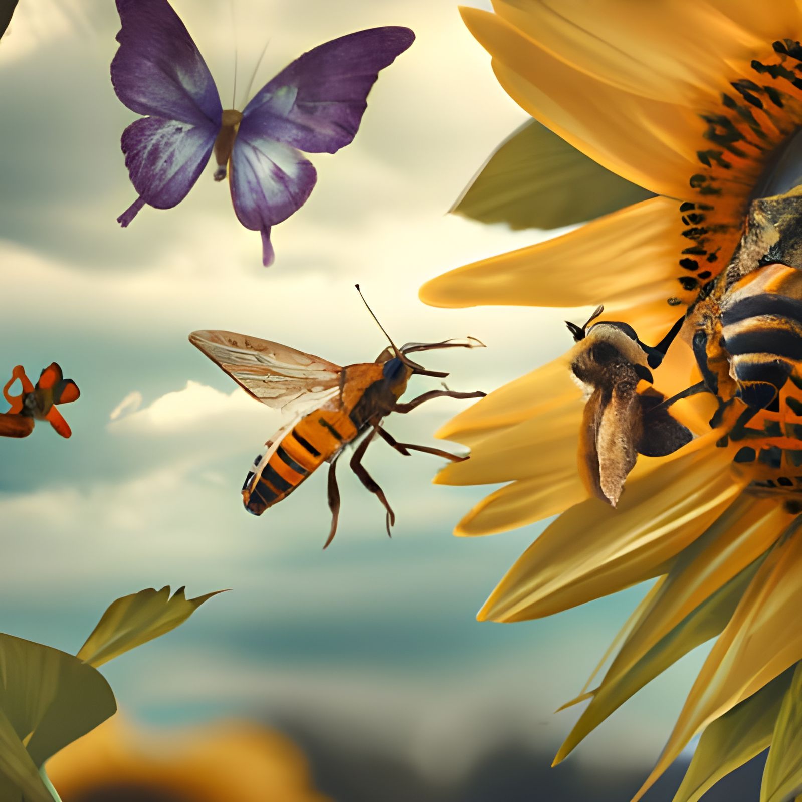 Bees On A Sunflower - AI Generated Artwork - NightCafe Creator
