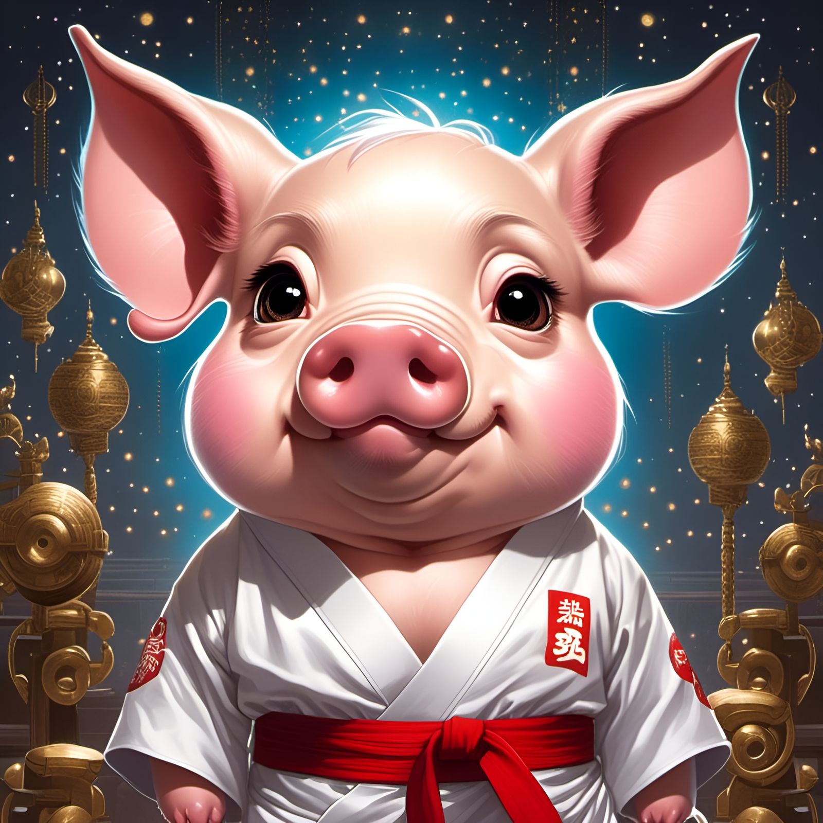 Pork chop - Adorable Karate Pig Portrait in Fantasy Art Sty...