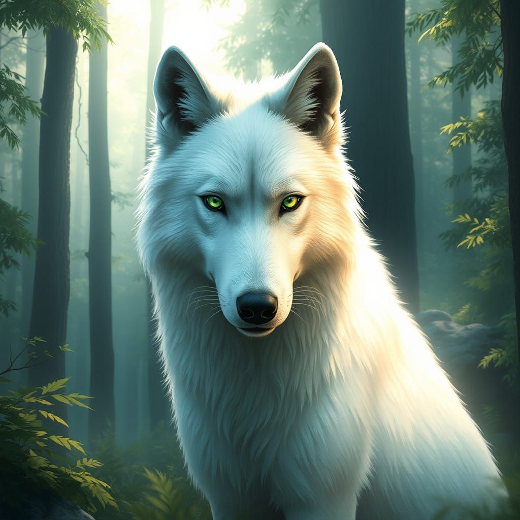 Pure white wolf with green eyes - Ethereal White Wolf Goddes...