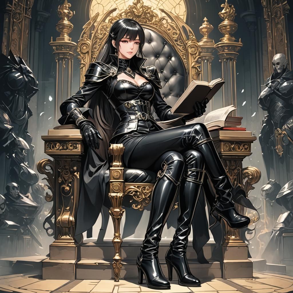 Mistress Hydrogen is dressed in black leather and wears black leather ...