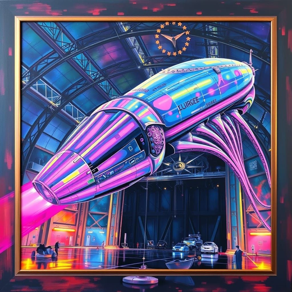 Of Unknown Origin - Giant Squid Spaceship in Vibrant Neon Oi...