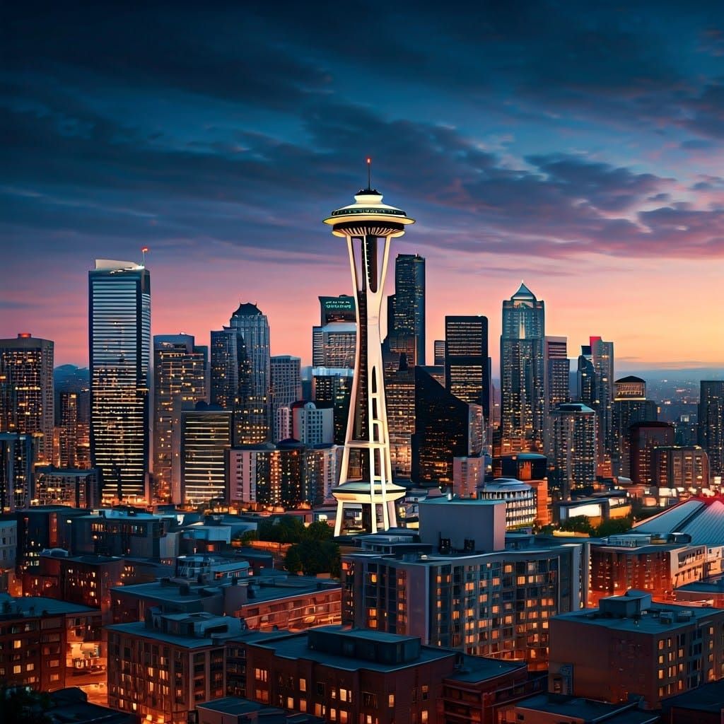 Skyline of Seattle - Seattle Cityscape at Night in Cyberpunk...