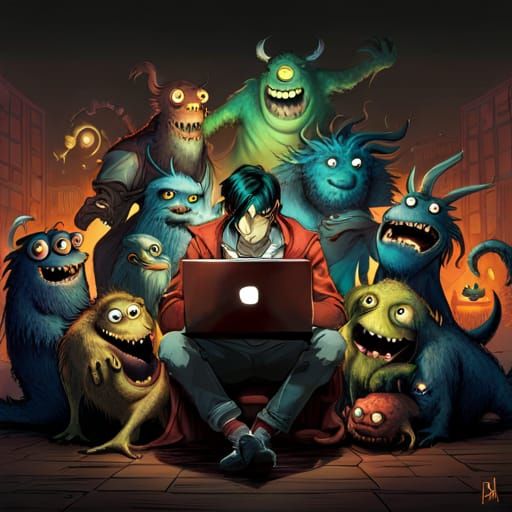 Young_man being surrounded by goofy monsters at his laptop at night ...