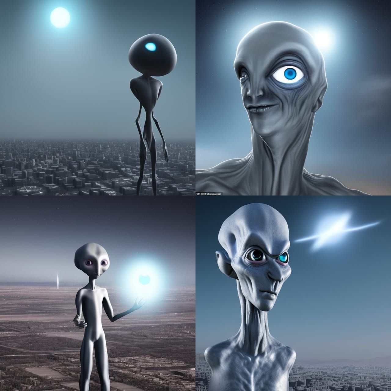 A hyper-realistic grey alien, reaching out, gazing at you with large ...