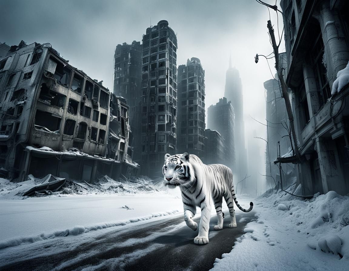 A tiger roams a post-apocalyptic winter city