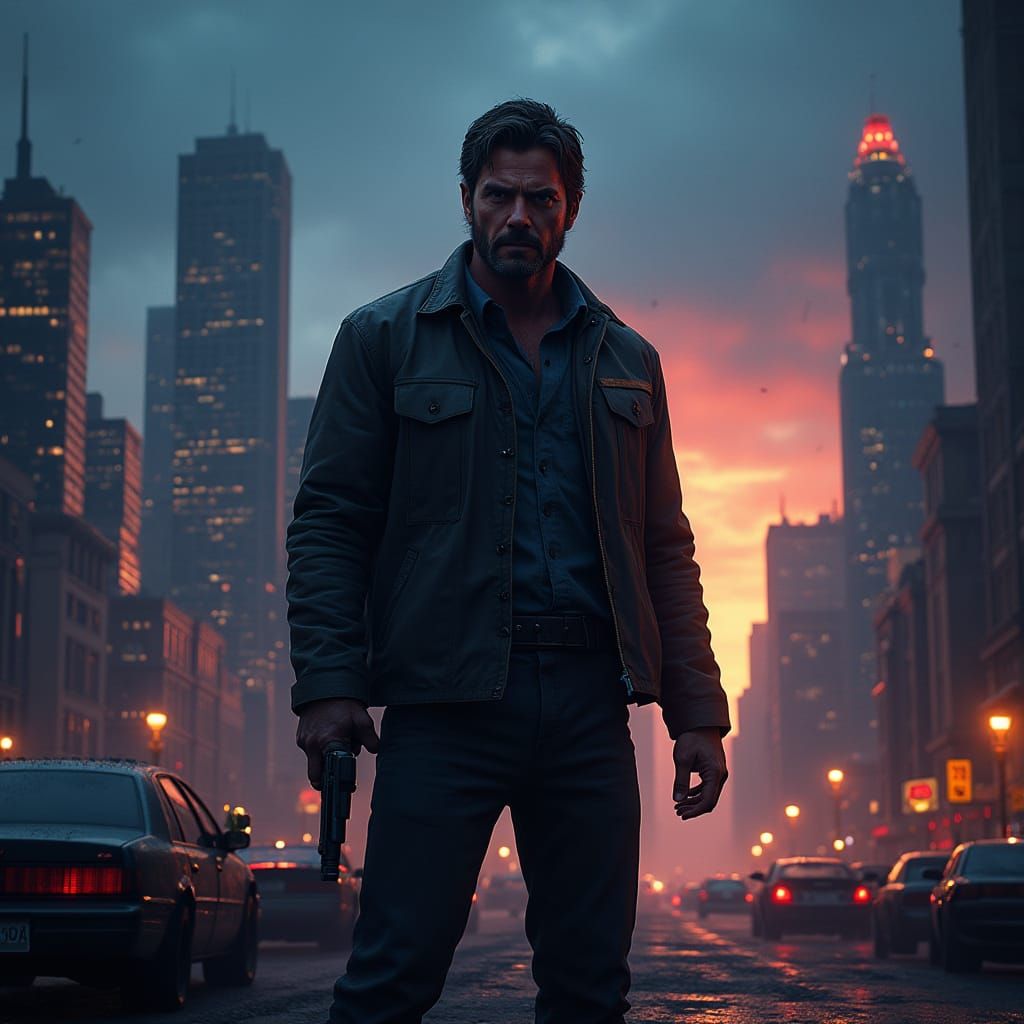 Imposing Jack Reacher in Cyberpunk Cityscape - AI Art