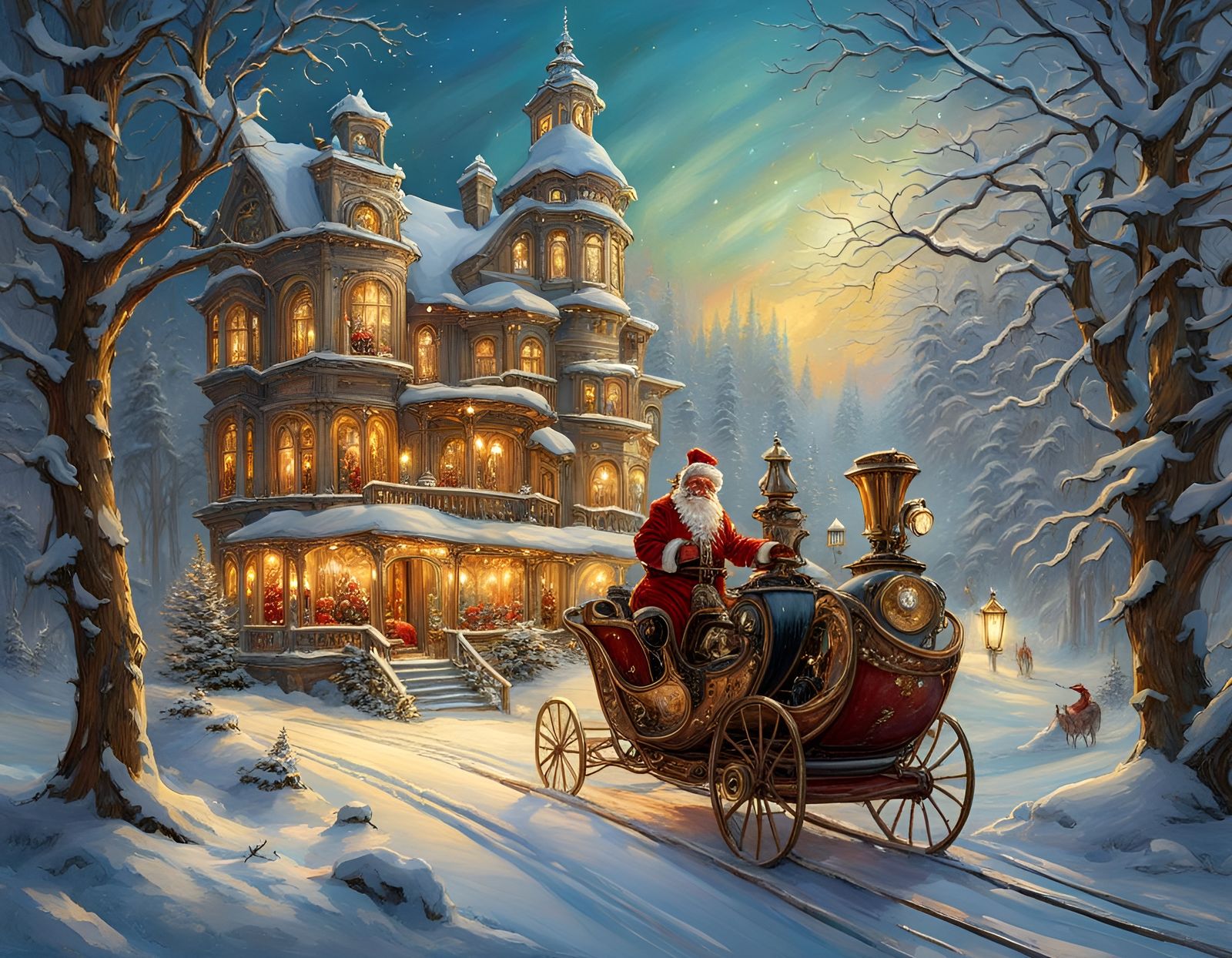 A road through snow covered Trees with Santa Clause in a steampunk ...