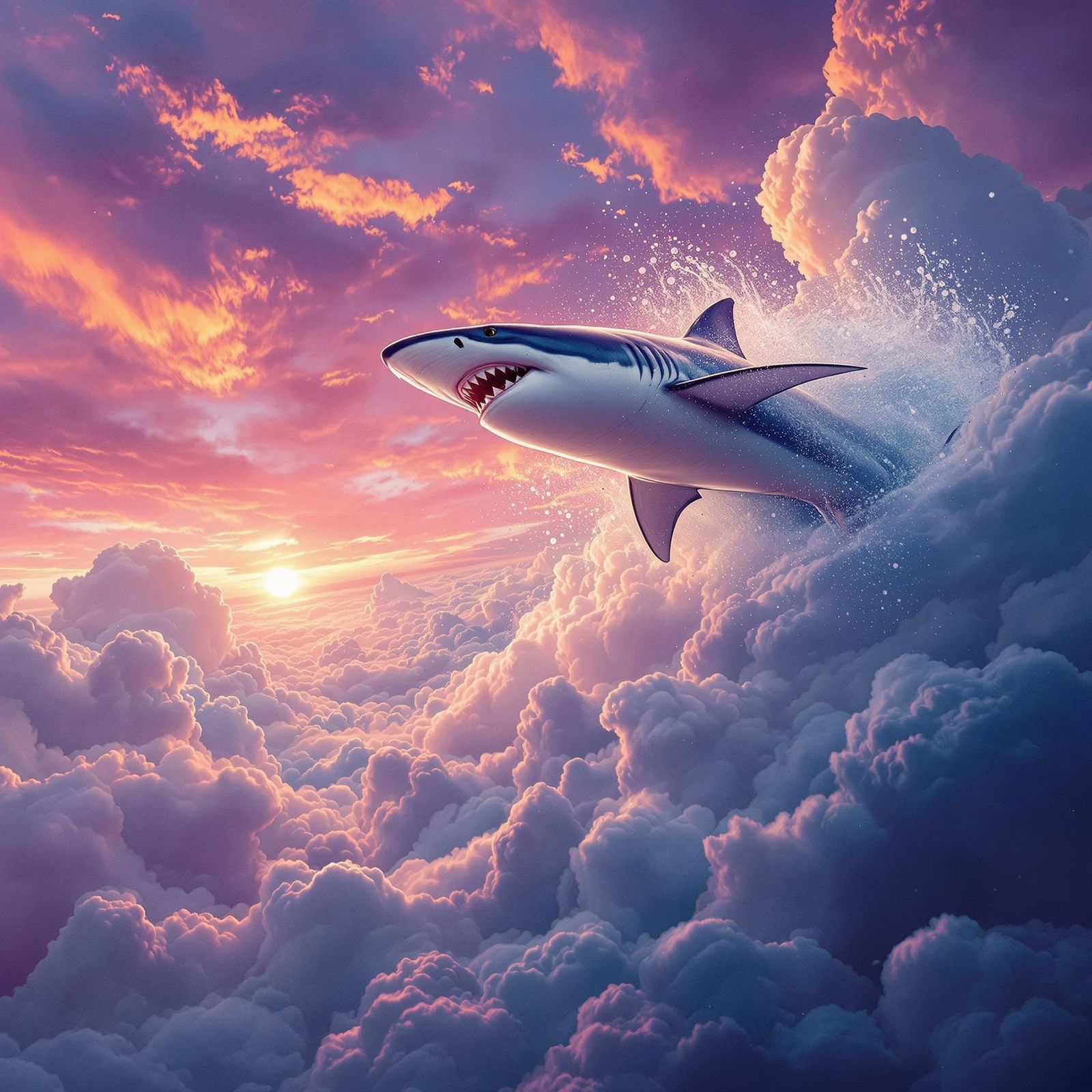 Cloud Shark - Dramatic Sunset Shark Leaps Through Vibrant Cl...