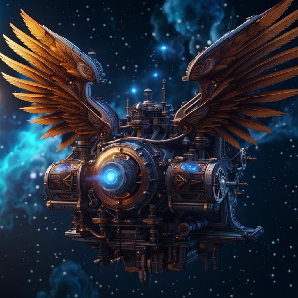 A man created a engine with wings to flying in the stars detailed matte ...