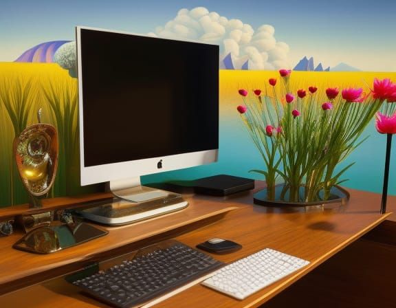 Computer on a desk with flowers growing out of it, pop surrealism by ...