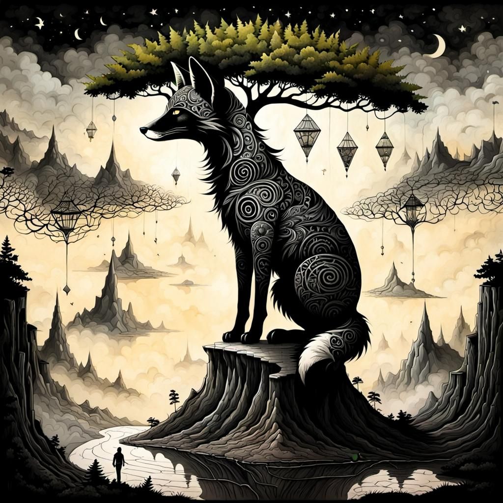 futuristic obsessive ALIEN ATOP Escher-esque Fox, ... - AI Art