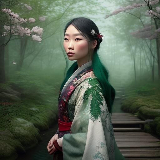 Create a digital painting of an ethereal Asian woman with pale skin and ...