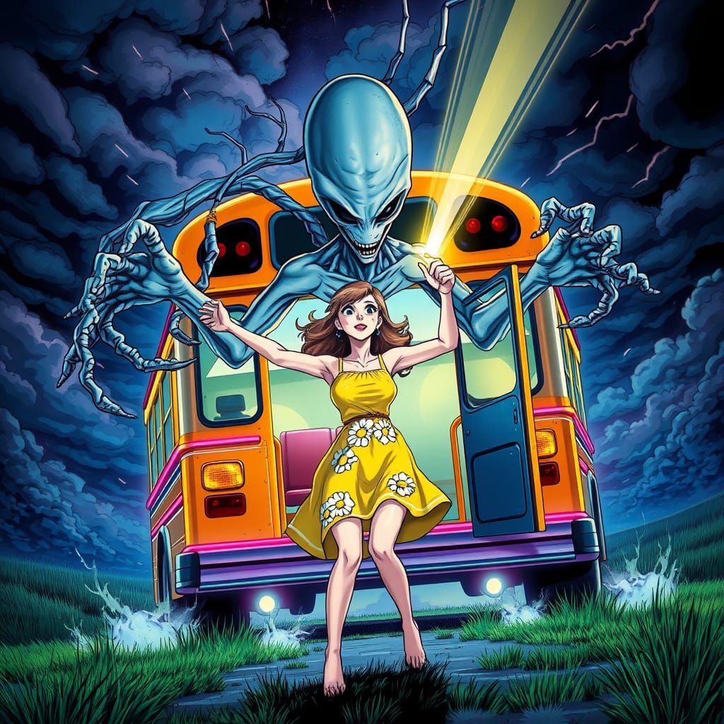 Mars Attacks - Grey Alien-Human Hybrid in Neon-Lit Retro-Fut...