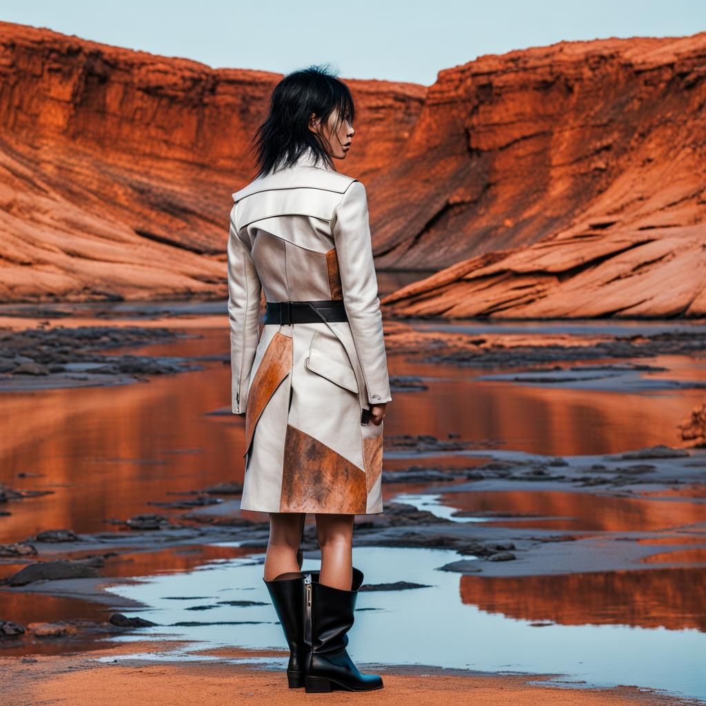 Faye Wong dressed in leather stands near Walcott Inlet at the Kimberley ...