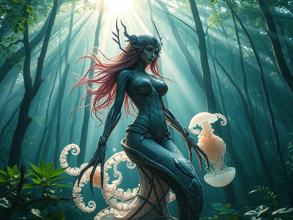 Cybernetic Mermaid Goddess Emerges from Radiant Fo... - AI Art