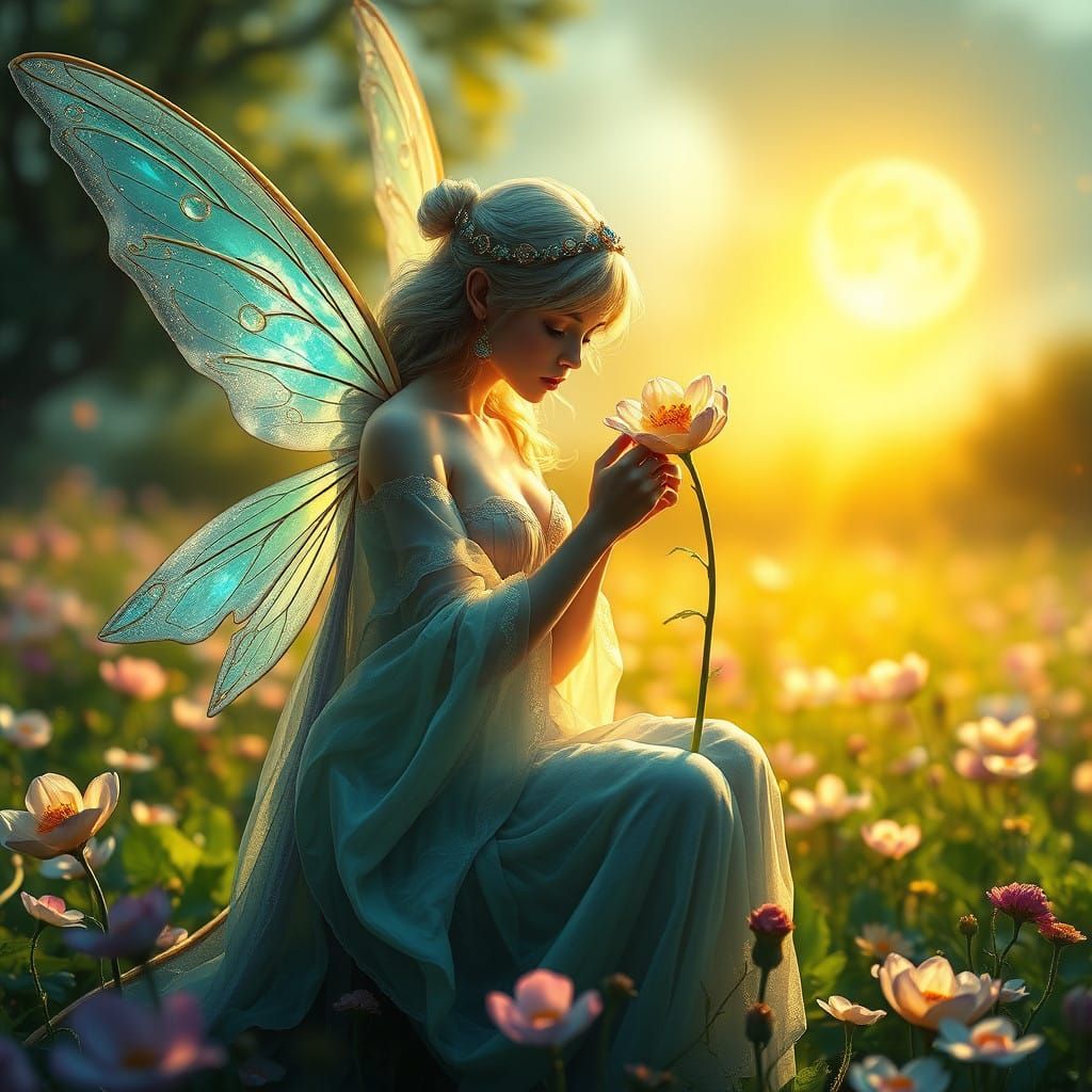 Ethereal pixie goddess sipping the nectar from the flowers