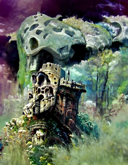 An ancient mystical castle ruin, with crumbling towers, in the shape of ...