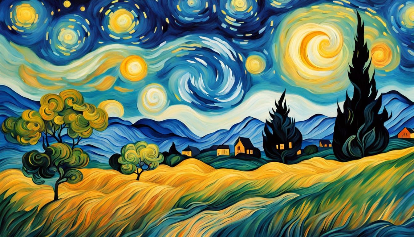 Starry Night Van Gogh Style - Dreamy Starry Hillside in Pos...