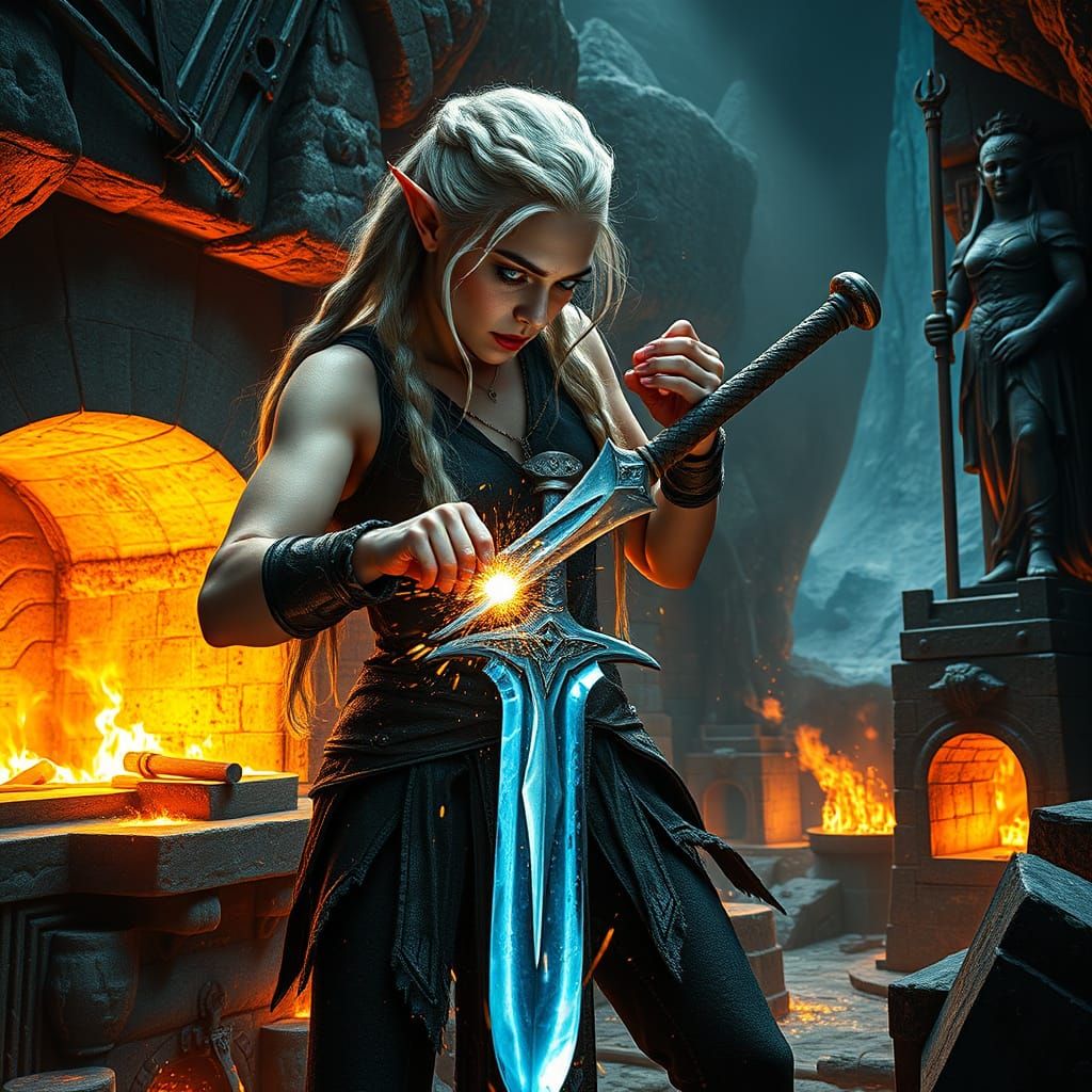 The legendary elven blacksmith, her silver hair bound in a crown of ...