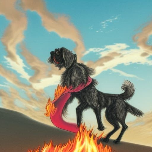 anime death on fire walking his gigantic dog in a hellish landscape ...