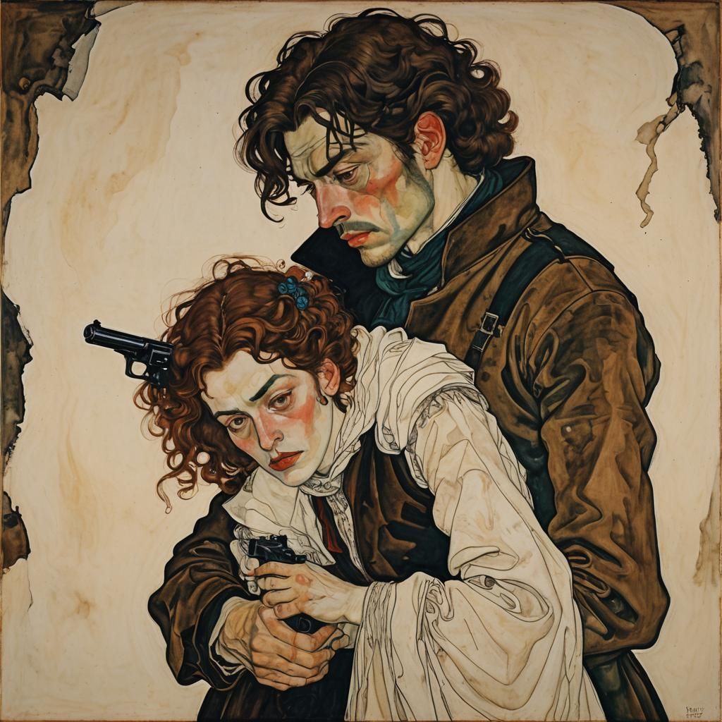 Athos point his gun at the beautiful Milady's forehead. 1625 era. Egon ...