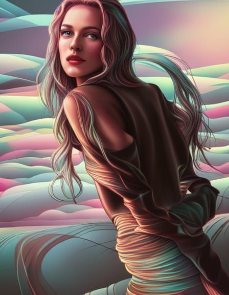 Cyberbunk woman influencer synthwave neon retro abstract vector fractal, wave function ...