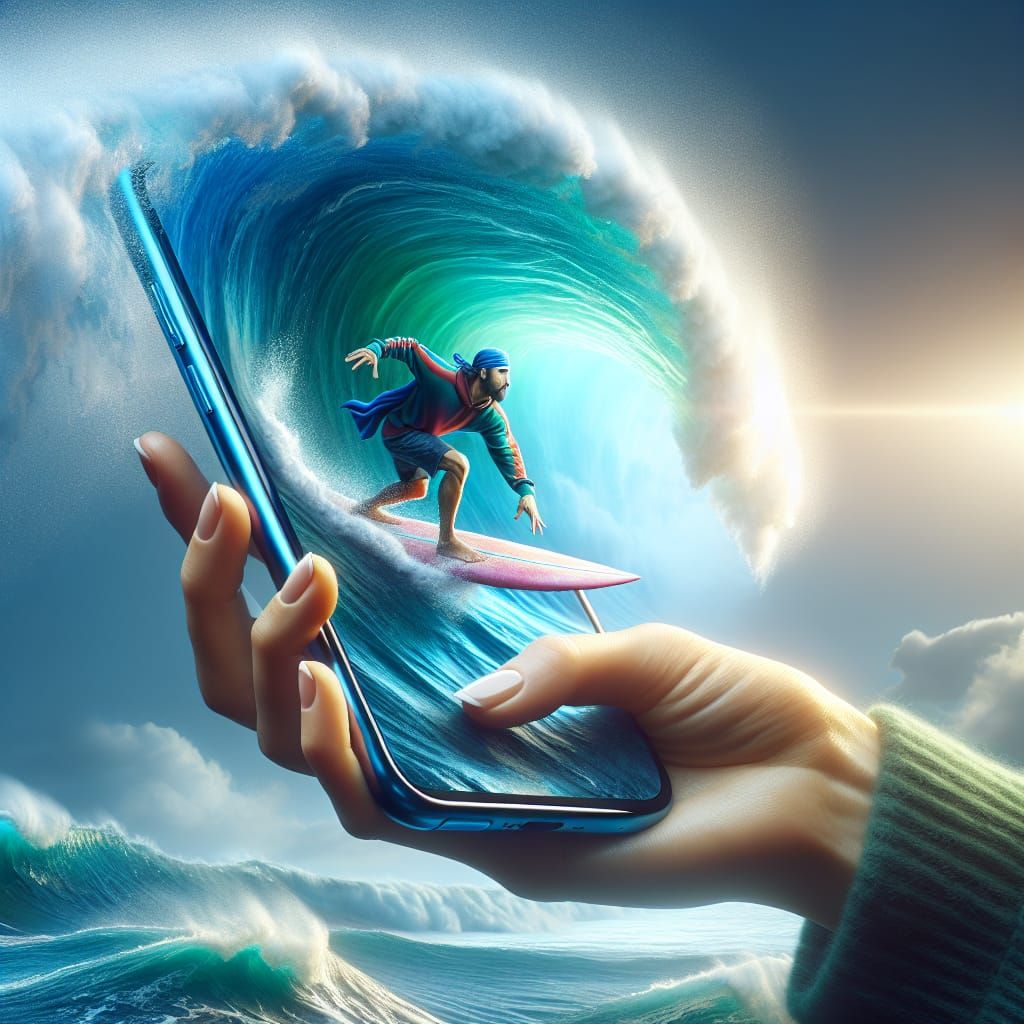 Screen Surfer - Diverse Surfer Riding Wave from Smartphone ...