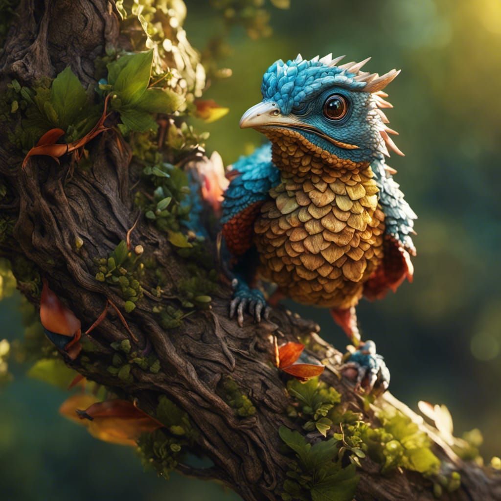 Dragon Bird - Hyperrealistic Dragon Bird on Branch in 8K