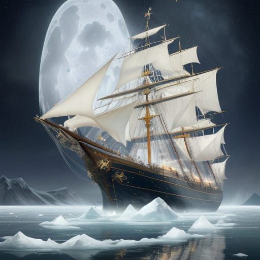 Elegant Snow Elf Ship Sails Through Icy Waters - AI Art